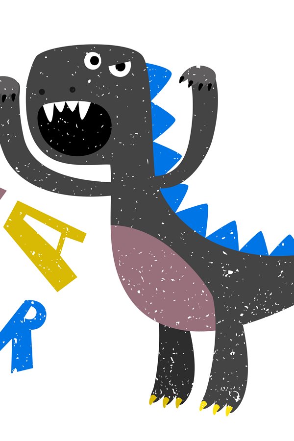 Childrens drawing of scary growling dinosaur flat