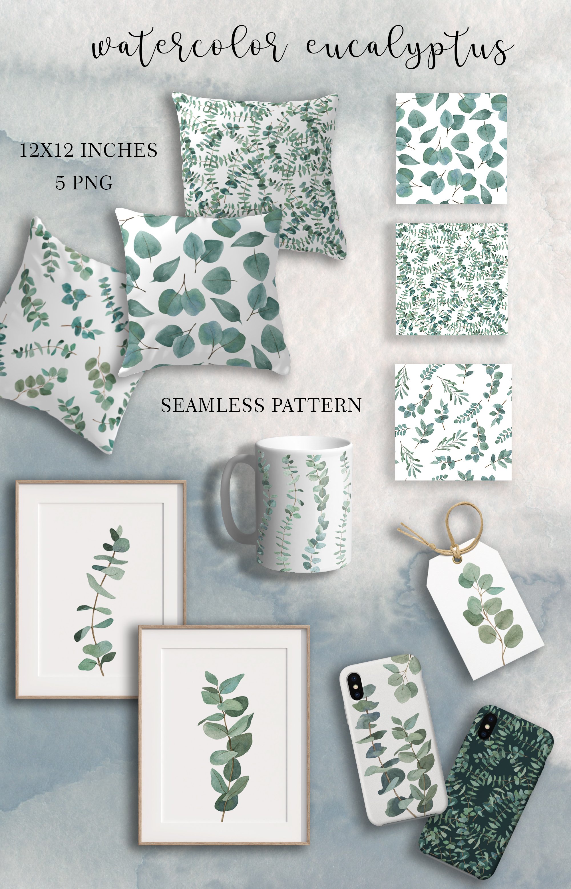 Watercolor Eucalyptus BUNDLE, PNG, patterns, clipart, wreath