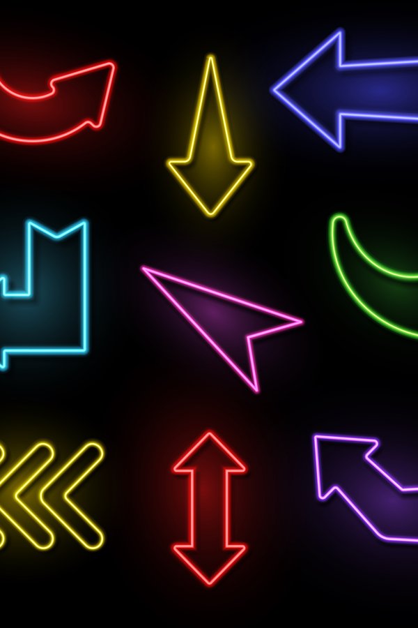 Arrows neon. Electric light direction arrow shapes. Casino,