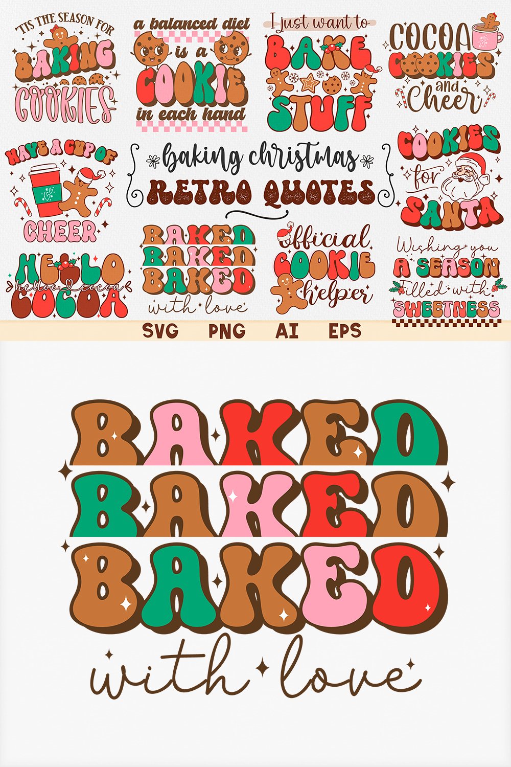 Retro christmas baking quotes. SVG, Sublimation PNG.