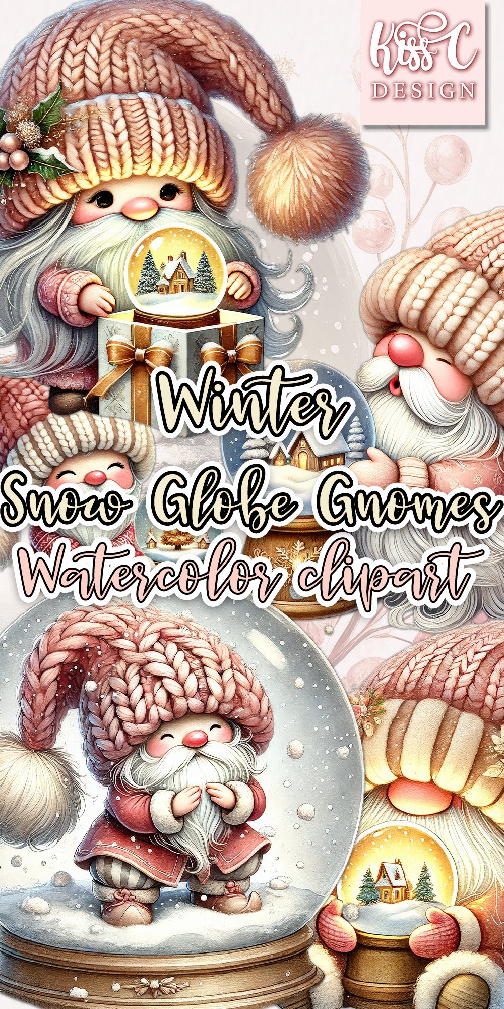 Watercolor Whimsical Gnome Winter Snow Globe Gnomes Clipart