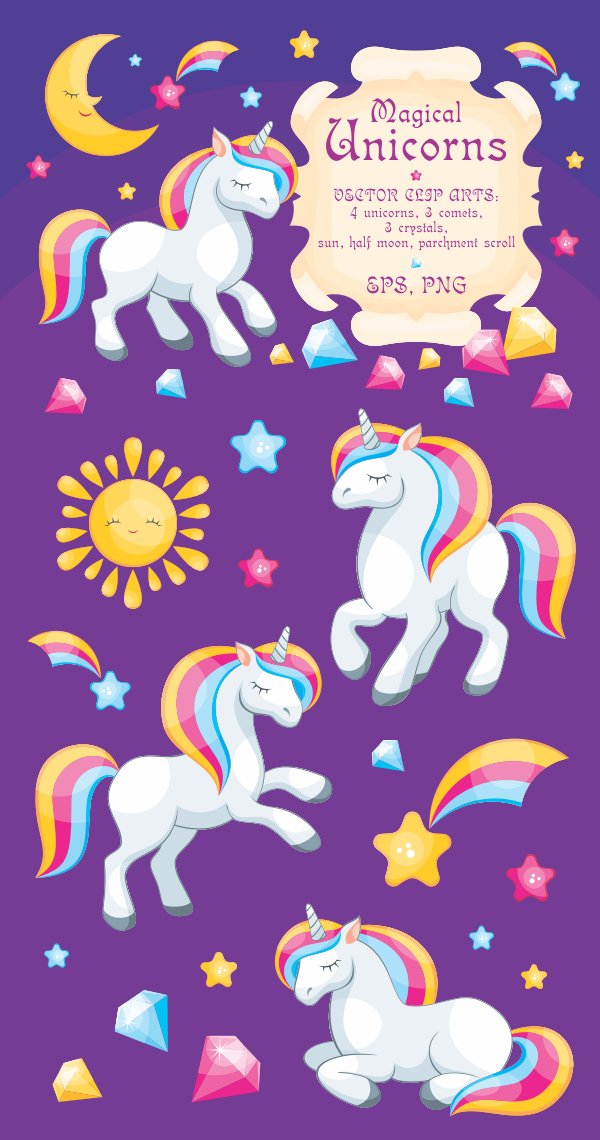 Magical unicorns. Vector clip arts.