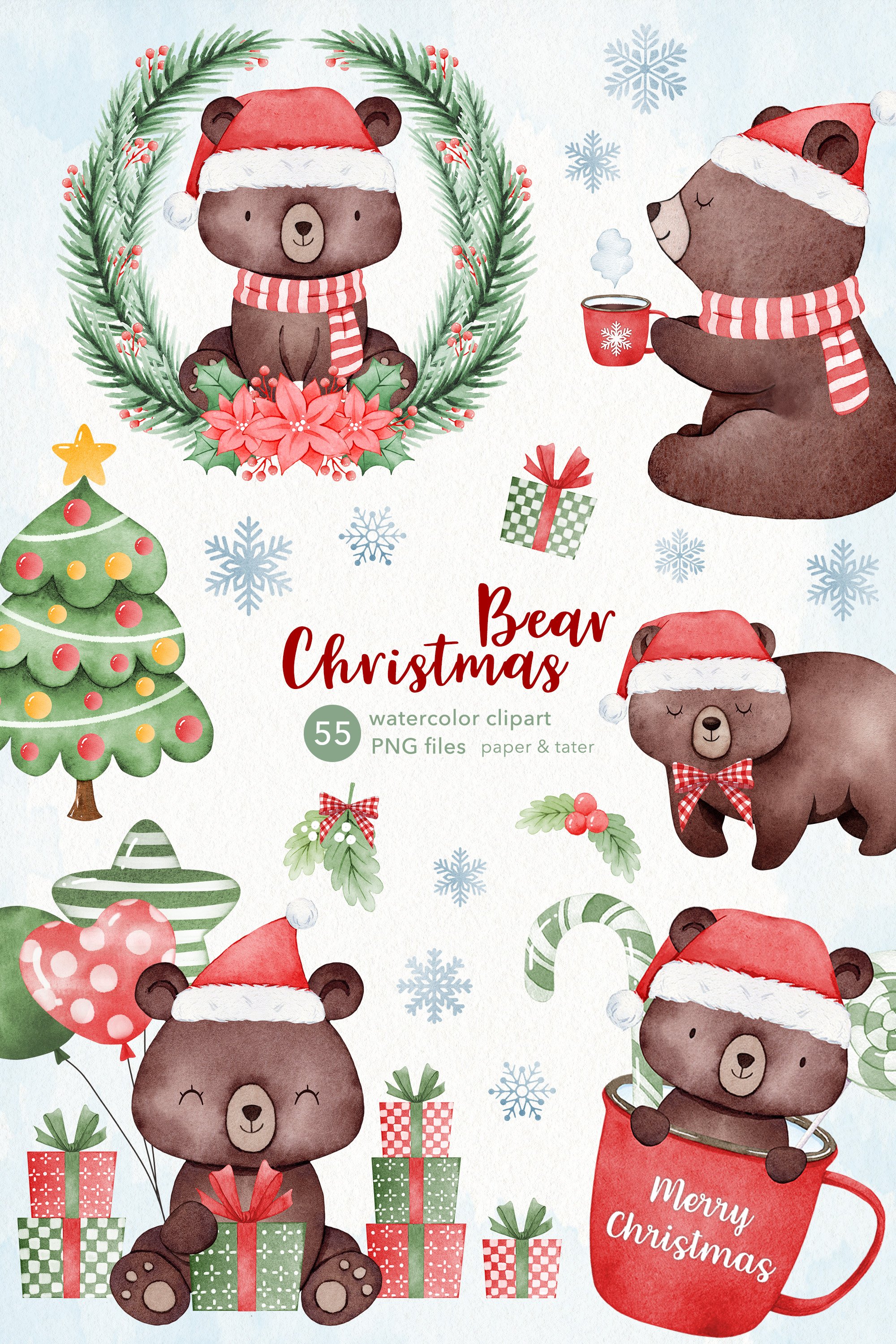 Watercolor Christmas Bear Clipart, Xmas Woodland Animal PNG