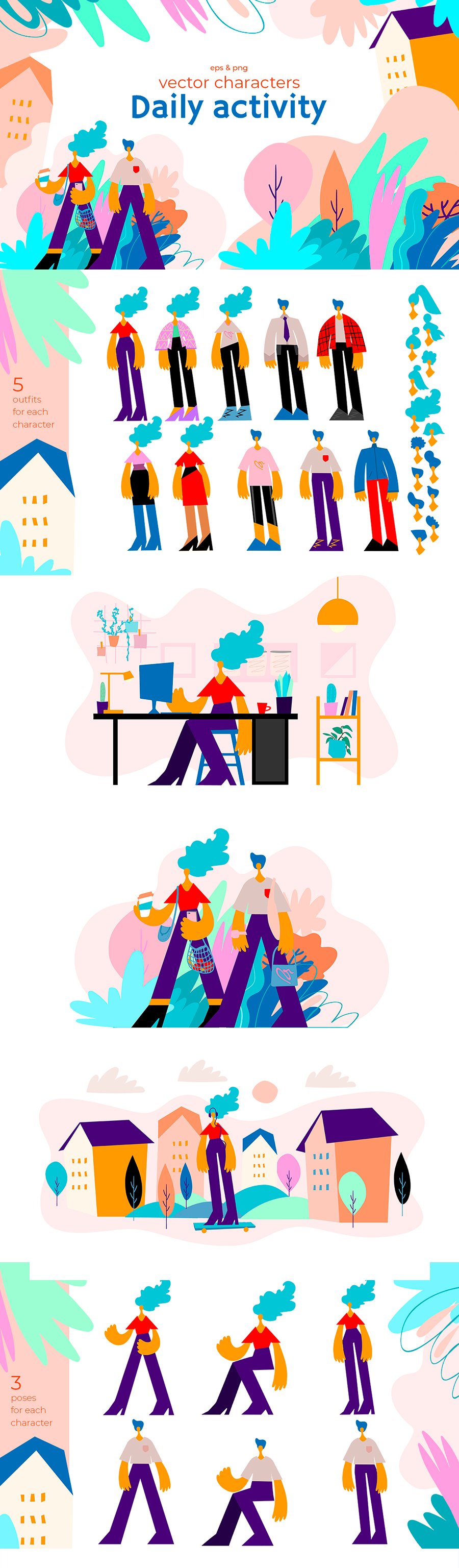 Cartoon characters on daily activity