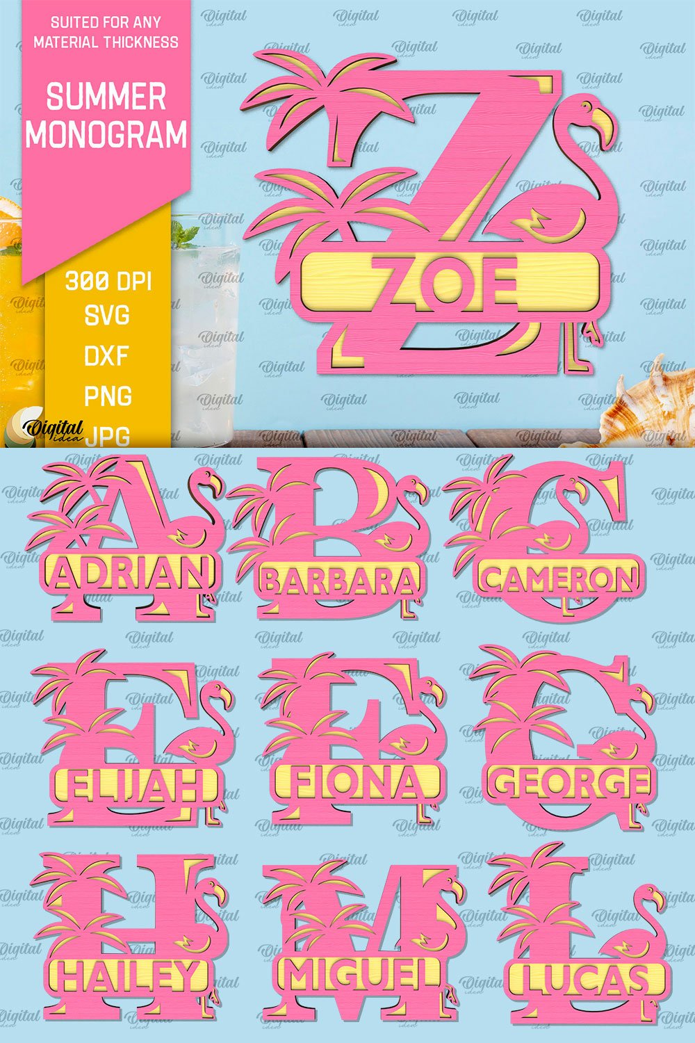 Summer Monograms Laser Cut Bundle. Summer Decor SVG