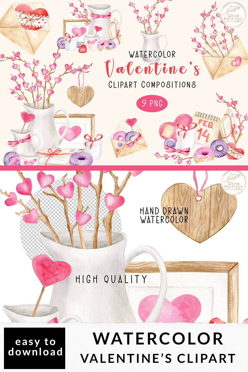 Valentine's Day Clipart. Watercolor Valentine Decor PNG