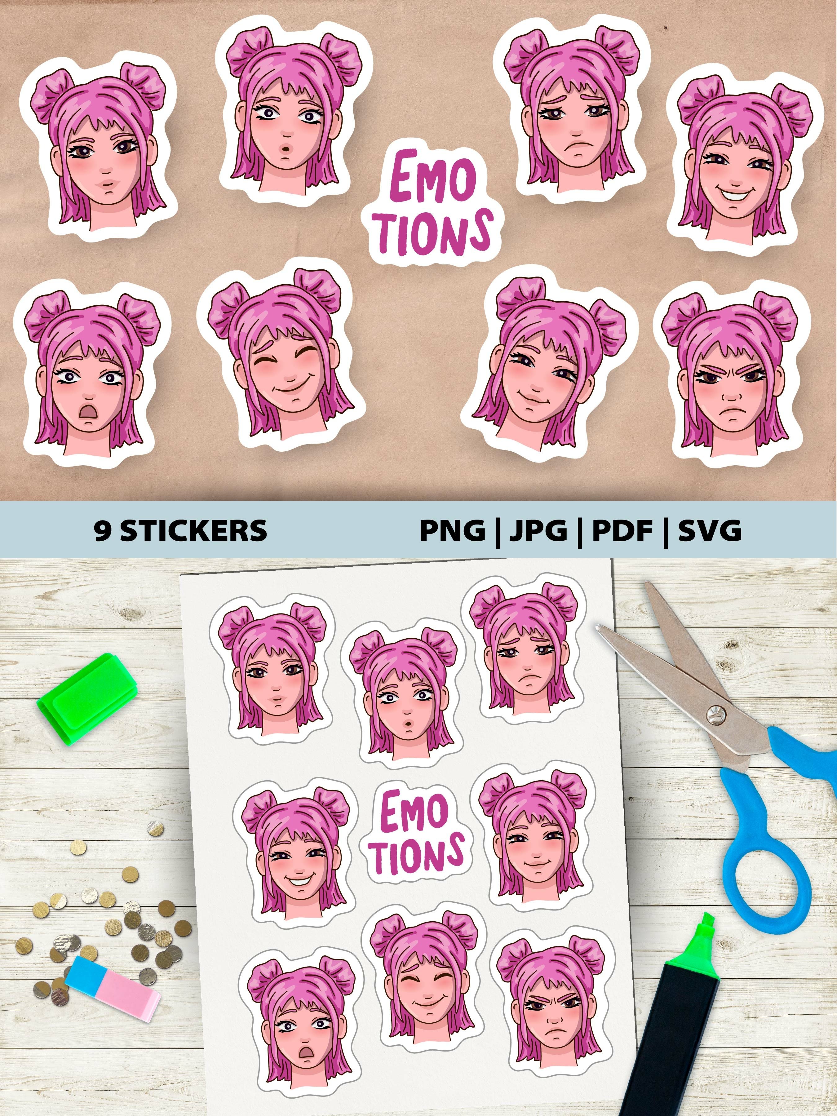 Cute girl's emotions printable stickers - 9 images.