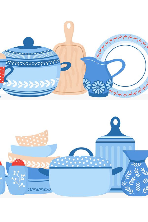 Cartoon cookware. Kitchen crockery, cooking tools vector iso