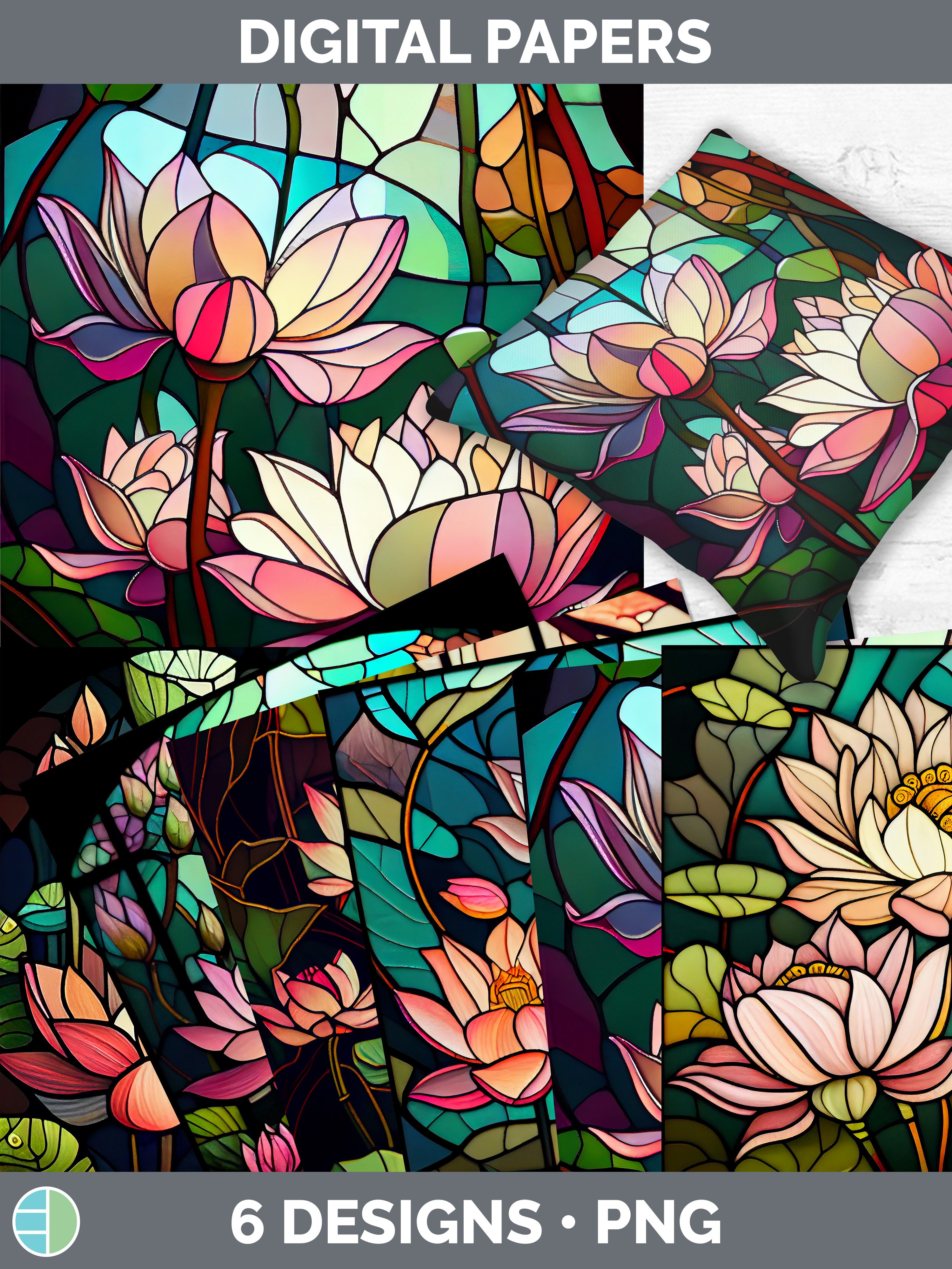 Stained Glass Lotus Flowers Paper Backgrounds | Digital Scra