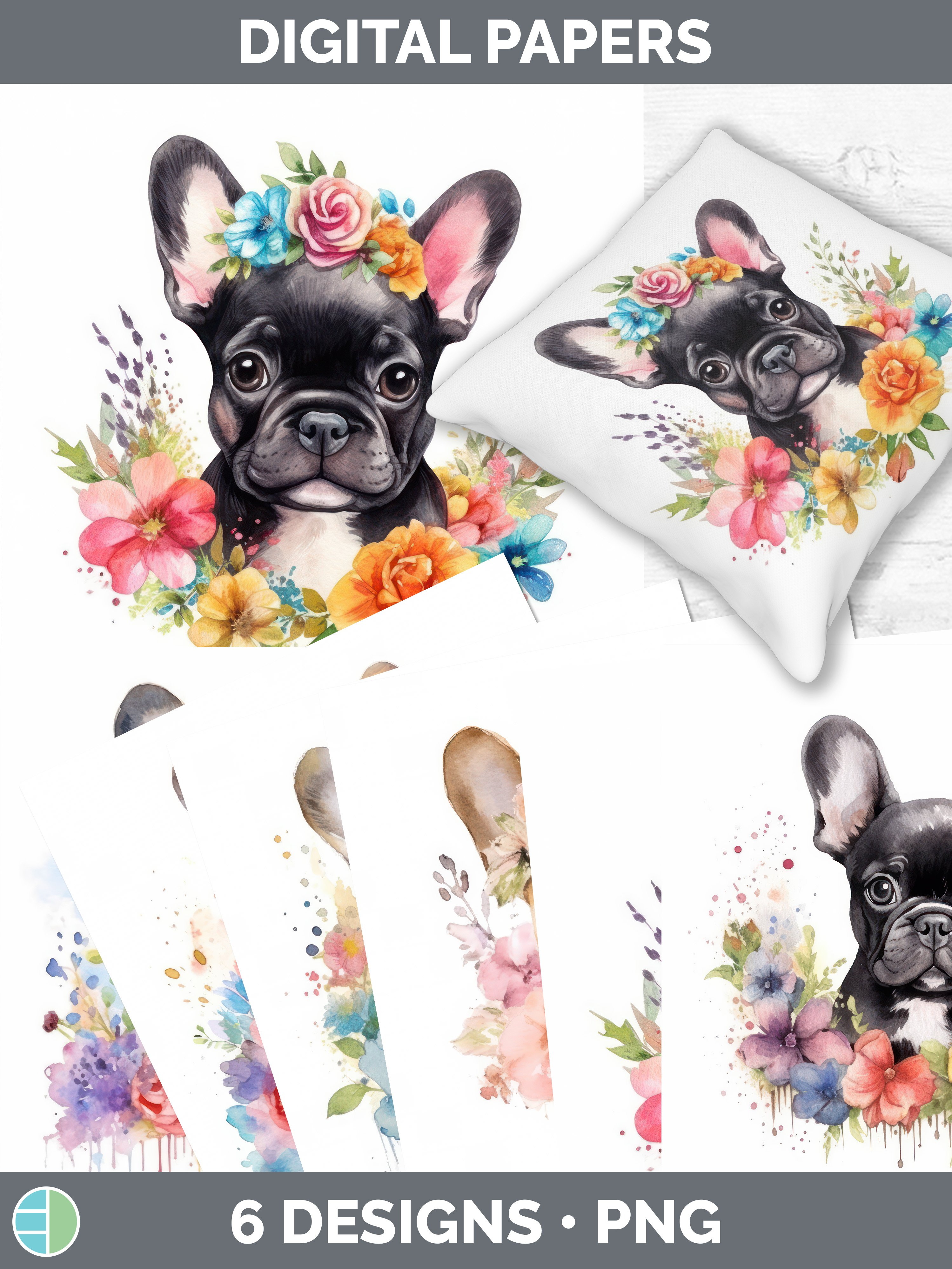 Watercolor French Bulldog Paper Backgrounds | Digital Scrapb