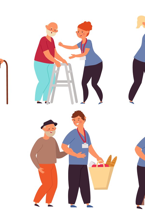 Social worker characters. Senior elderly care, old person ta