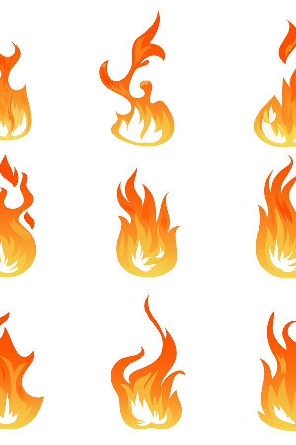 Cartoon fire flames vector set. Ignition light effect, flami