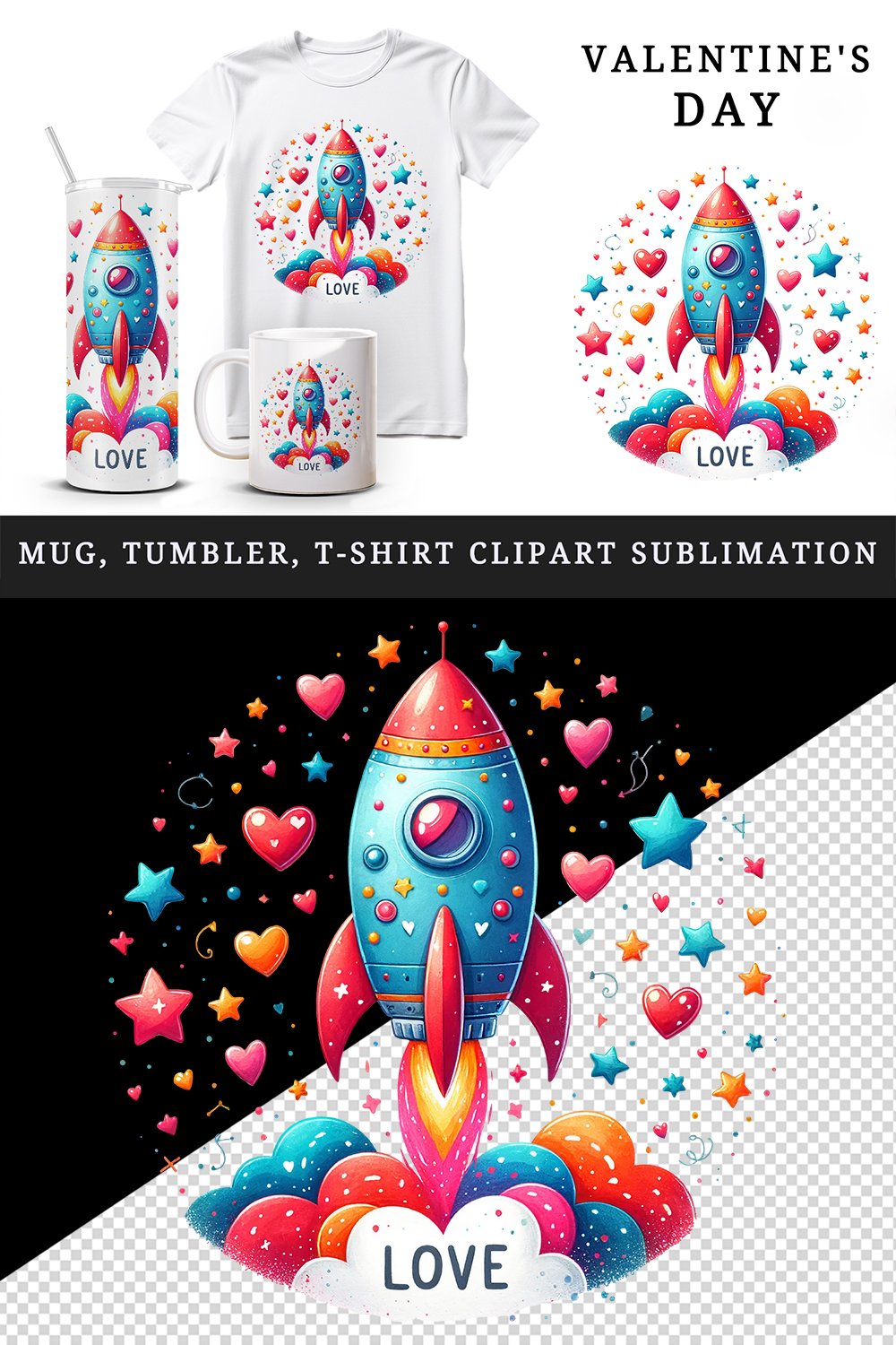 Valentine's Day rocket tumbler mug wrap clipart design png