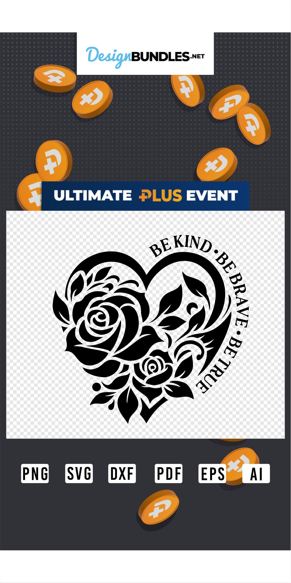 Be Kind Be Brave Be True Be You, Quote with Rose and Heart