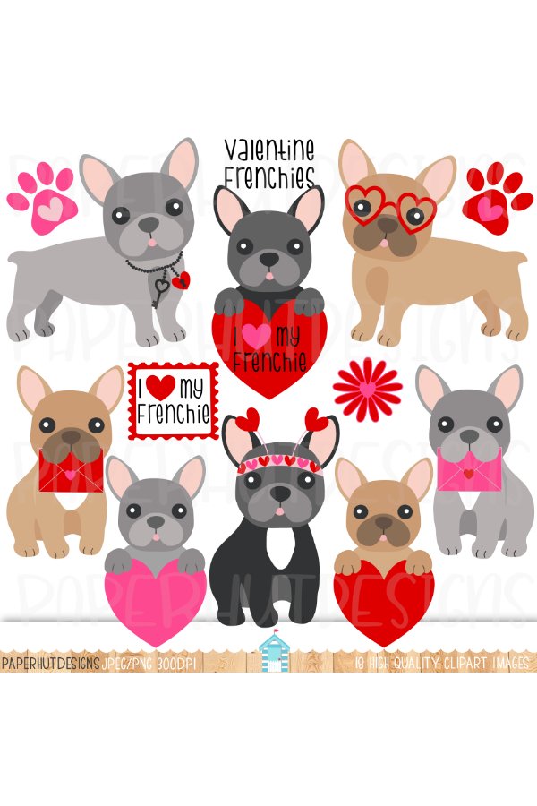 Valentine French Bulldogs Clipart|Valentine Frenchies