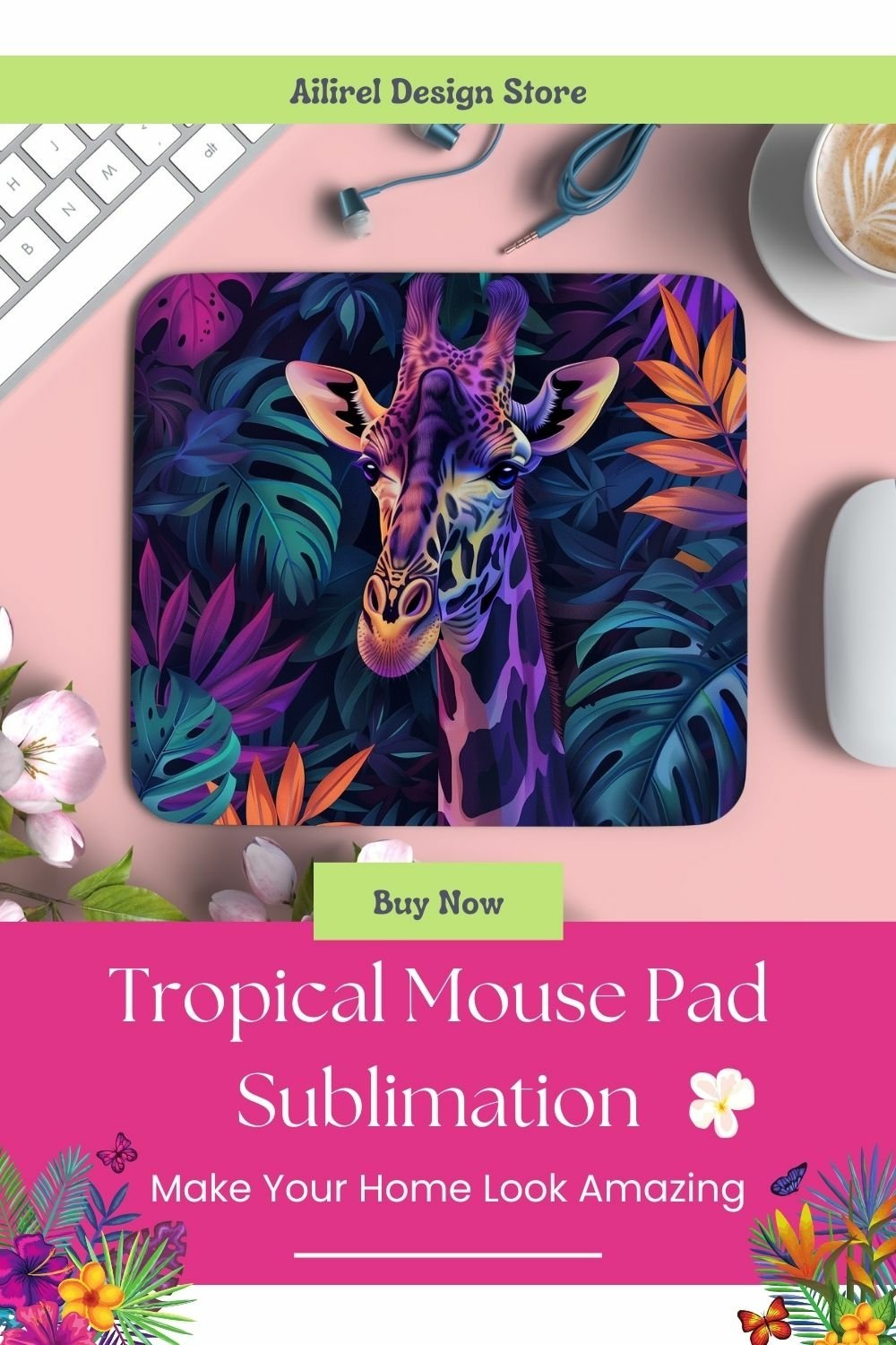 Giraffe Mouse Pad Wrap, Neon Tropical Mouse Pad (3605955)