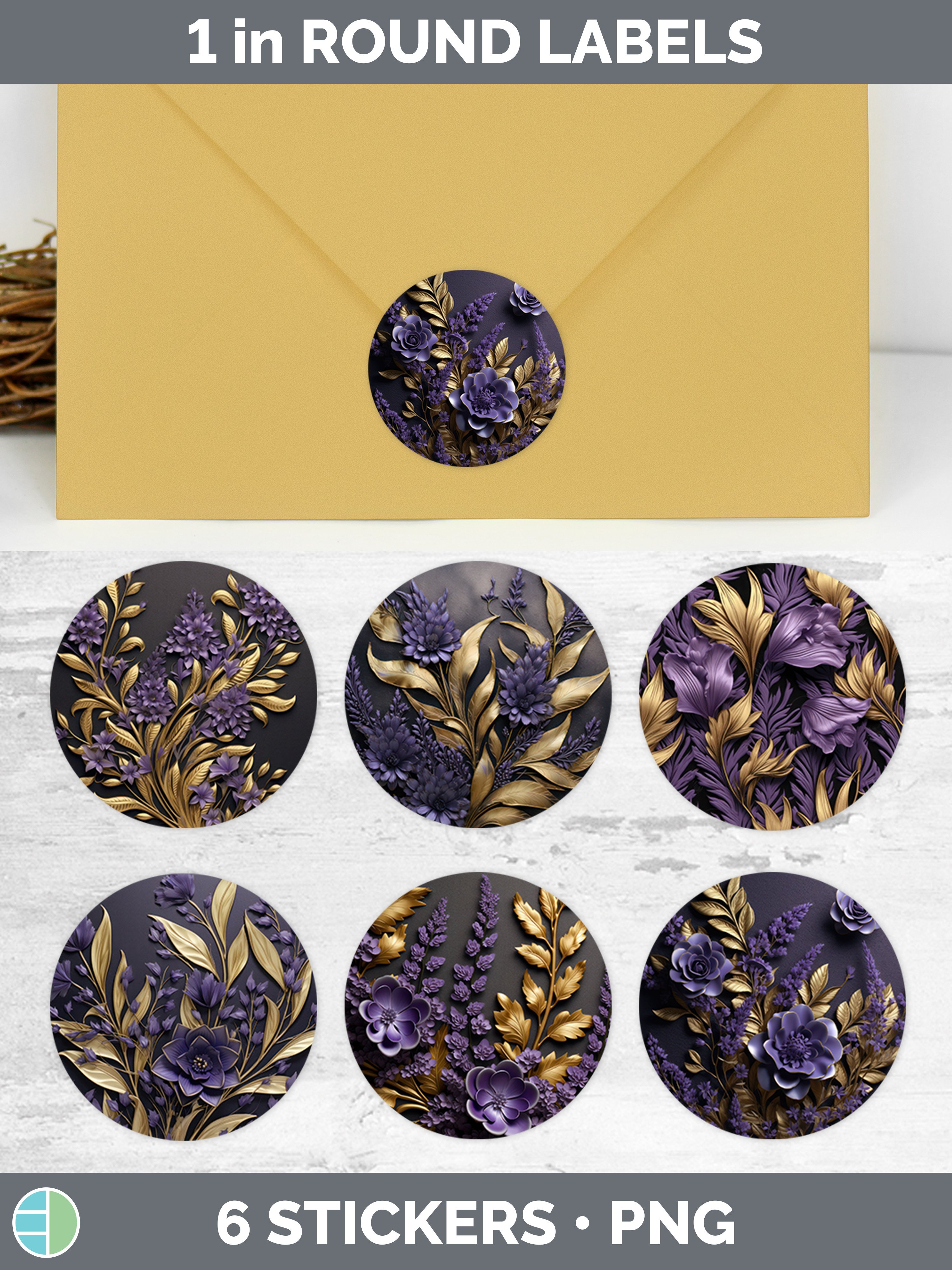 3D Elegant Lavender Flowers Stickers | Round Labels Designs