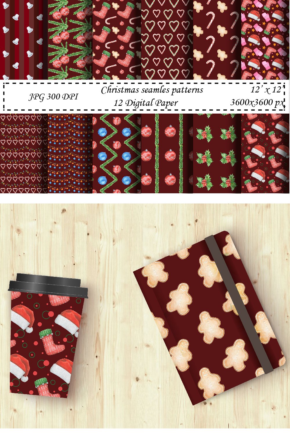 Christmas seamless pattern.Red digital paper.Santa,New year