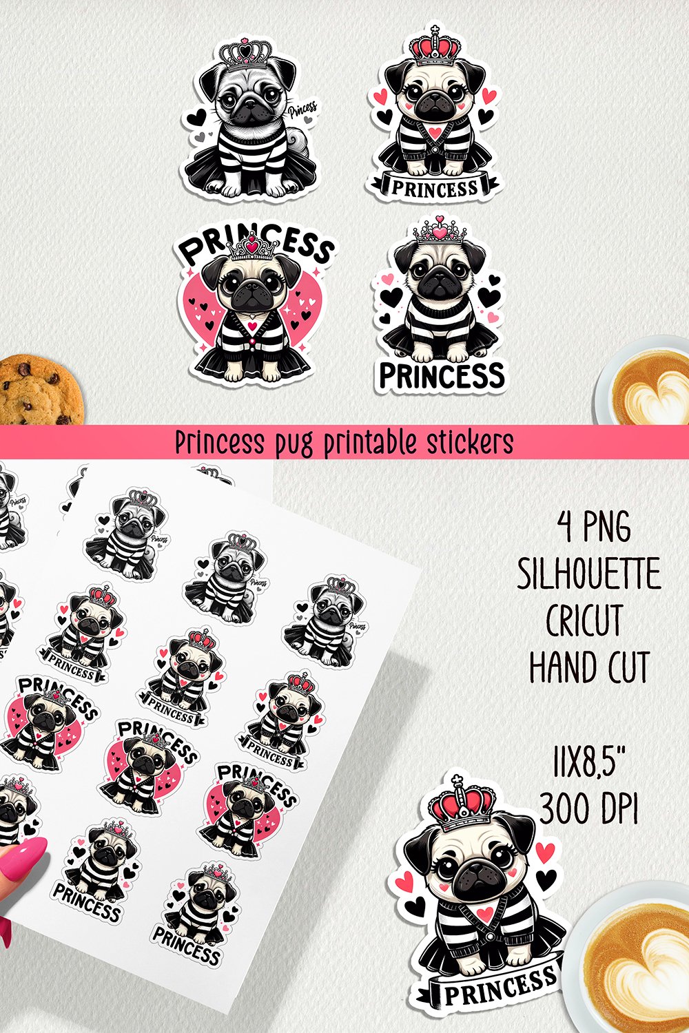 Princess pug printable stickers. PNG, JPG.