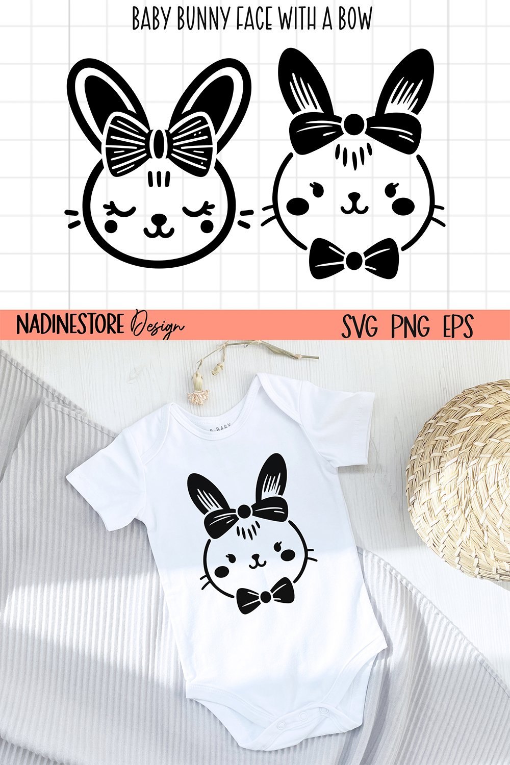 Baby bunny face with a bow SVG, EPS, PNG.