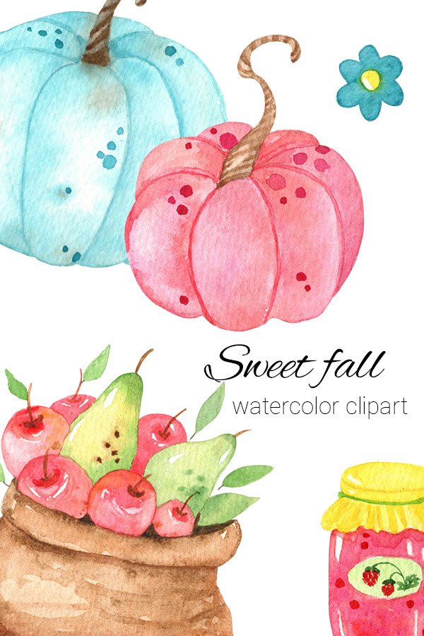 Sweet fall cliparts. Watercolor pumpkins, apples and sweets