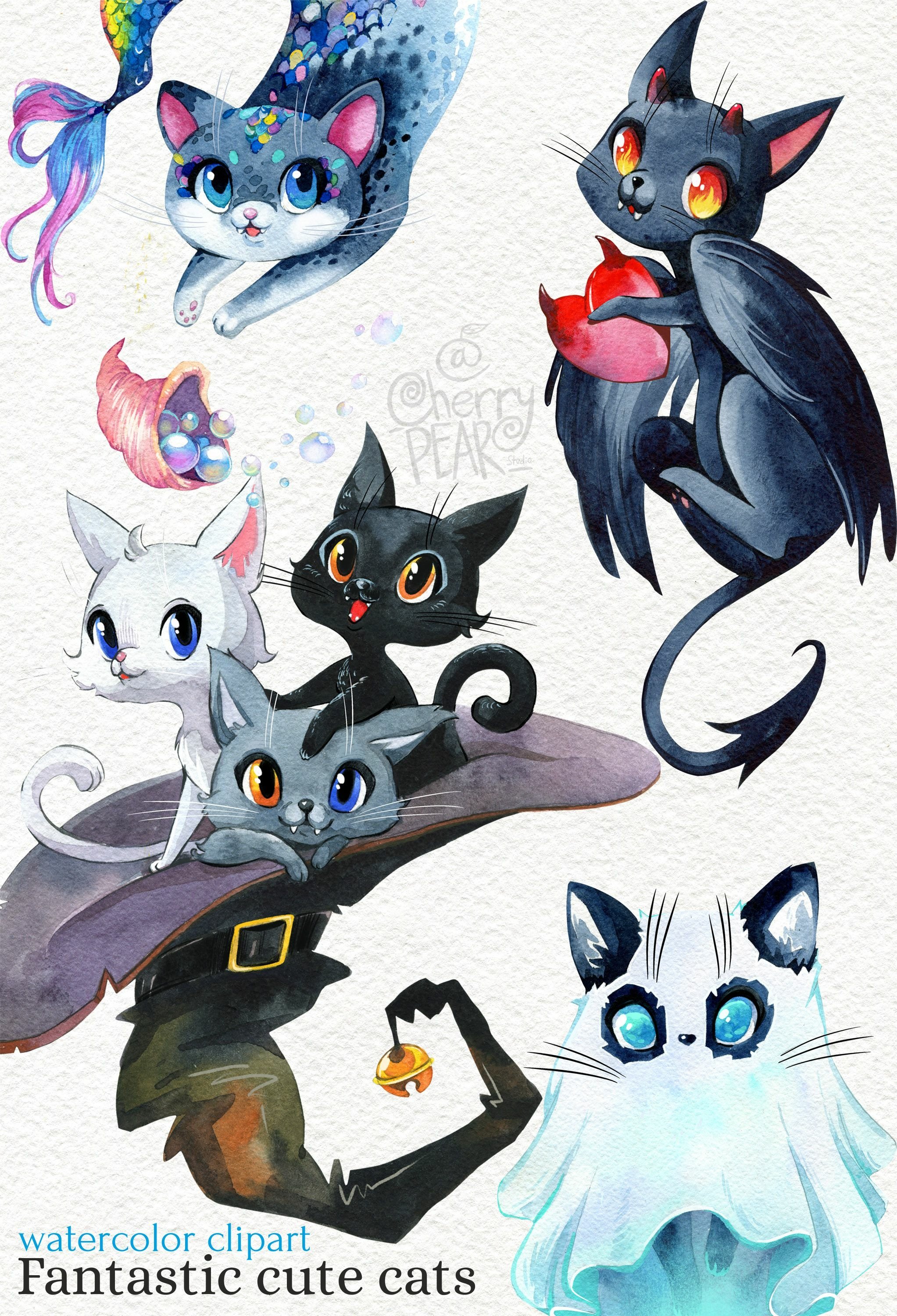 Watercolor Cliparts of Magic Cats 2, halloween cute clipart