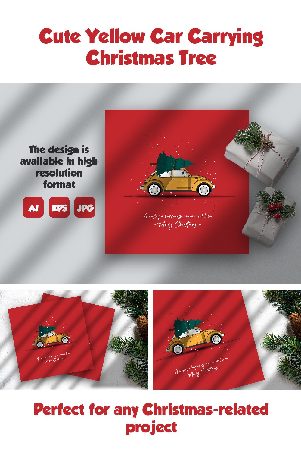 Cute Yellow Car Carrying Christmas Tree