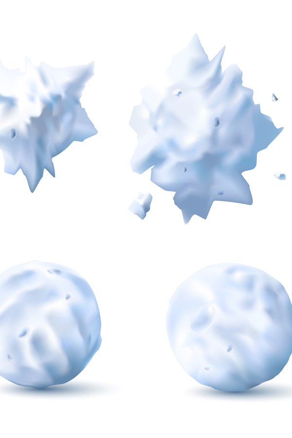 Snowball 3d. Snow splats, splashes and round white snowballs