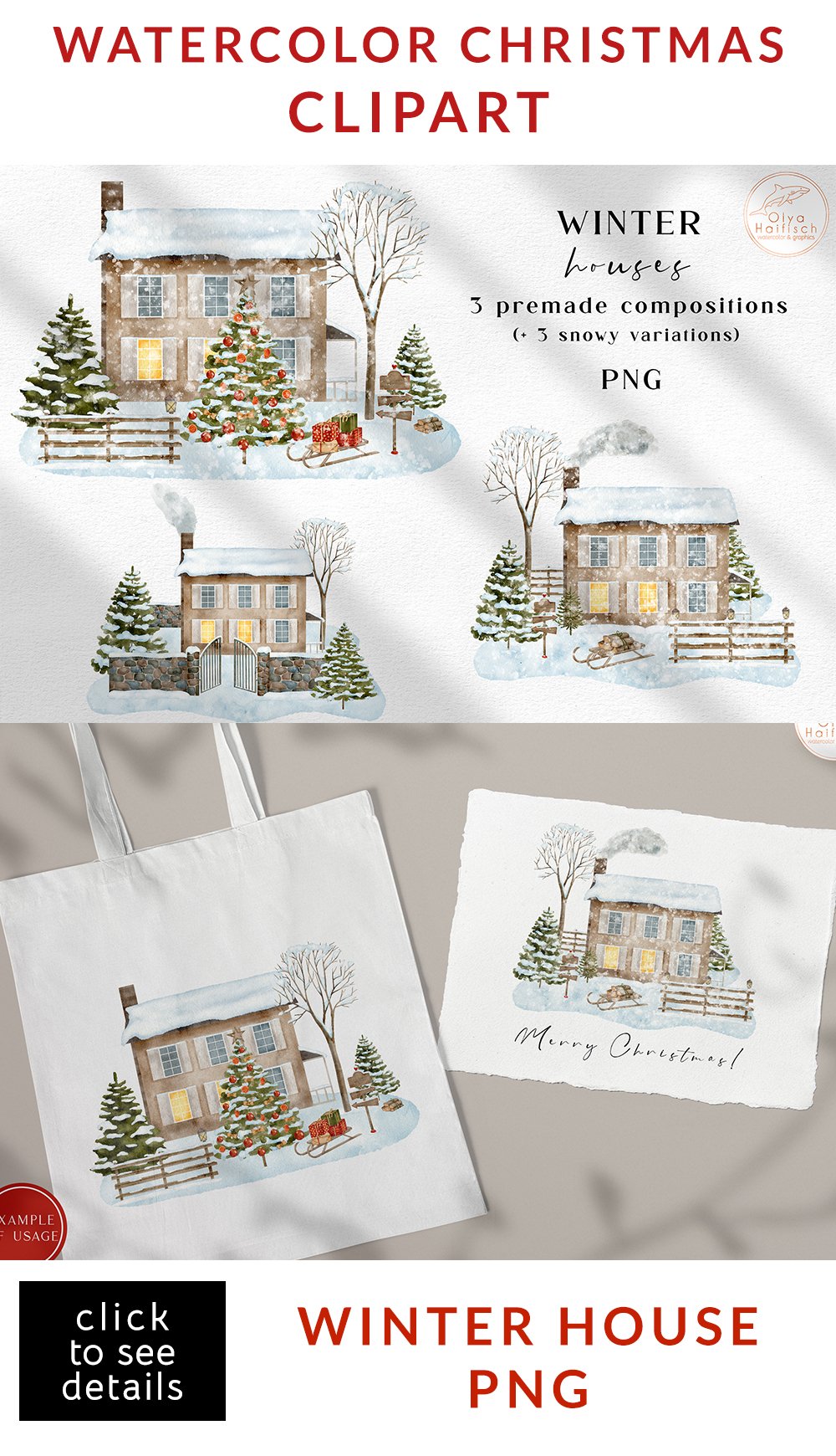 Winter House Clipart. Christmas Watercolor PNG