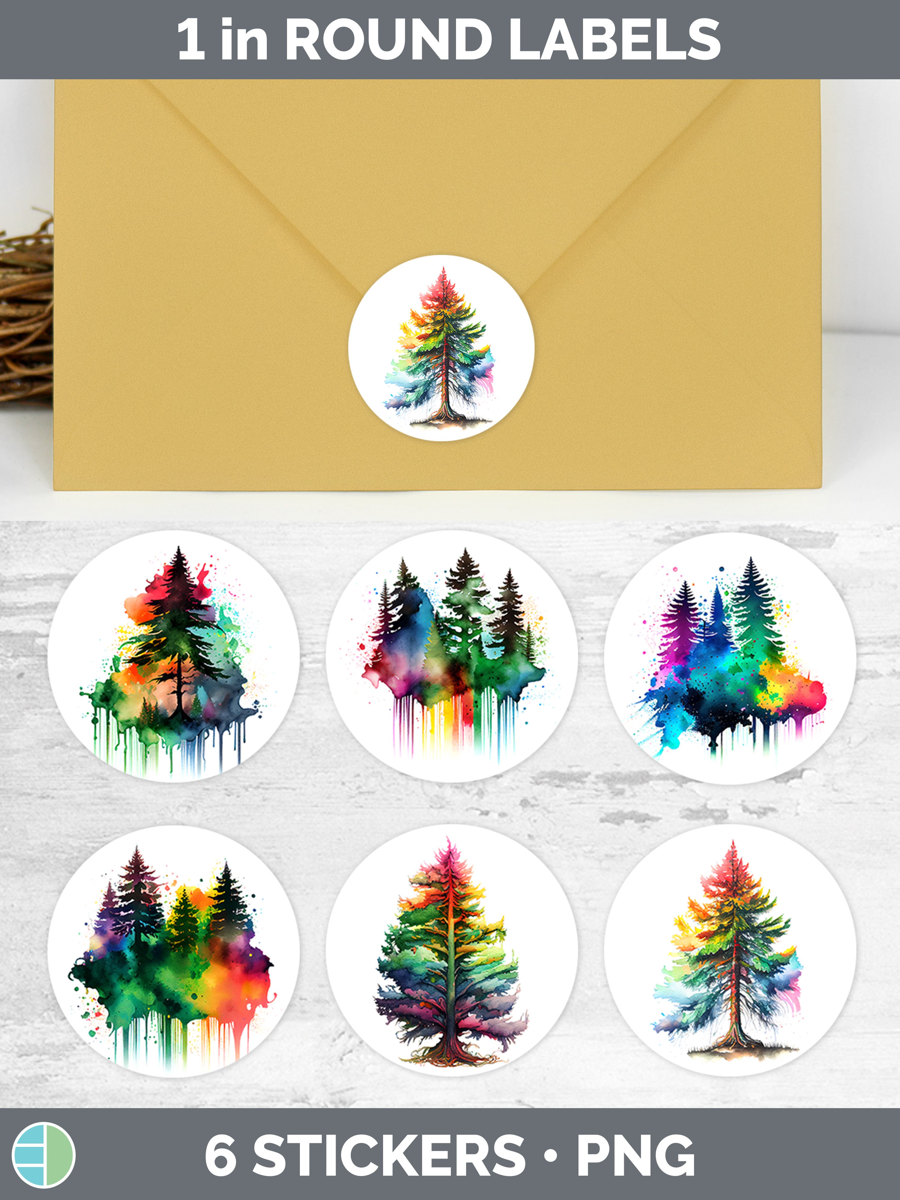 Rainbow Fir Trees Stickers | Round Labels Designs Bundle