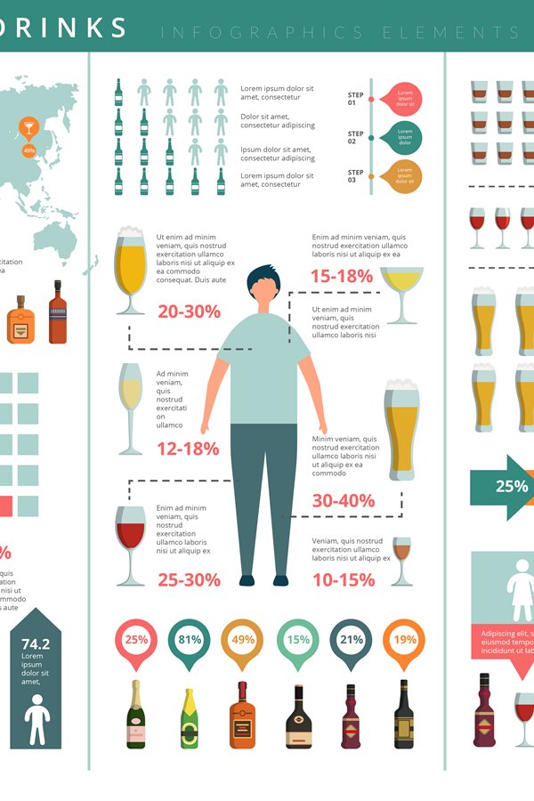Drink infographic. Glass and alcohol drinks bottles business
