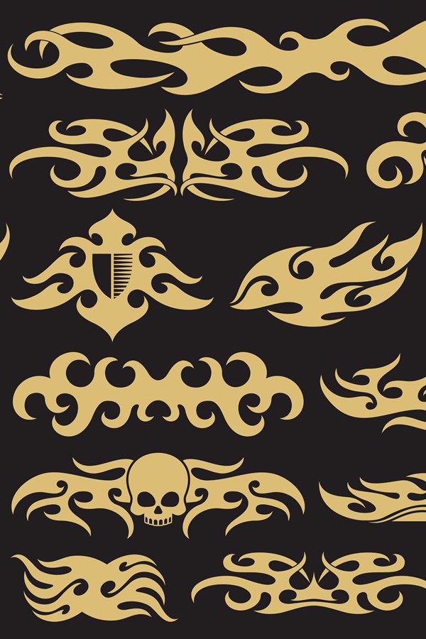 Golden vehicle motorcycle flames set design on black backgro