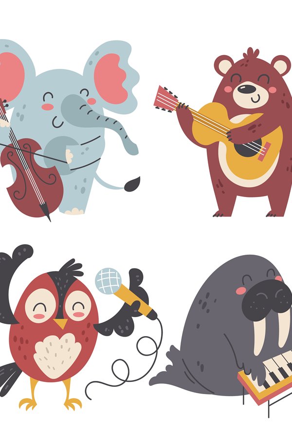 Animals musicians. Kids cartoon characters music band, happy
