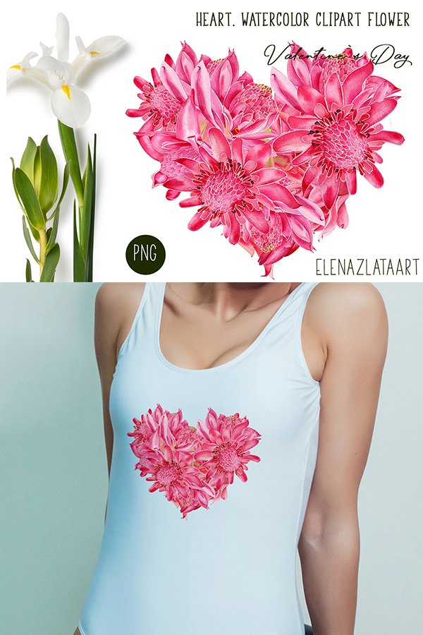 Heart, flower watercolor clipart. Valentines Day (1785015)