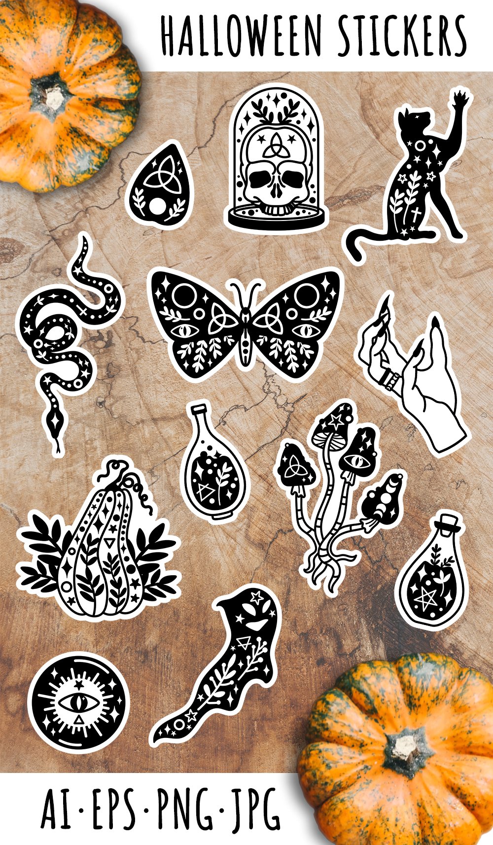 Black and white Halloween stickers / Printable PNG stickers