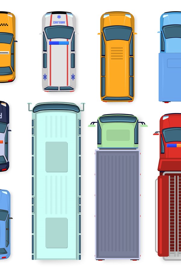 Car top view. Street vehicle engine roof viewing, traffic ca