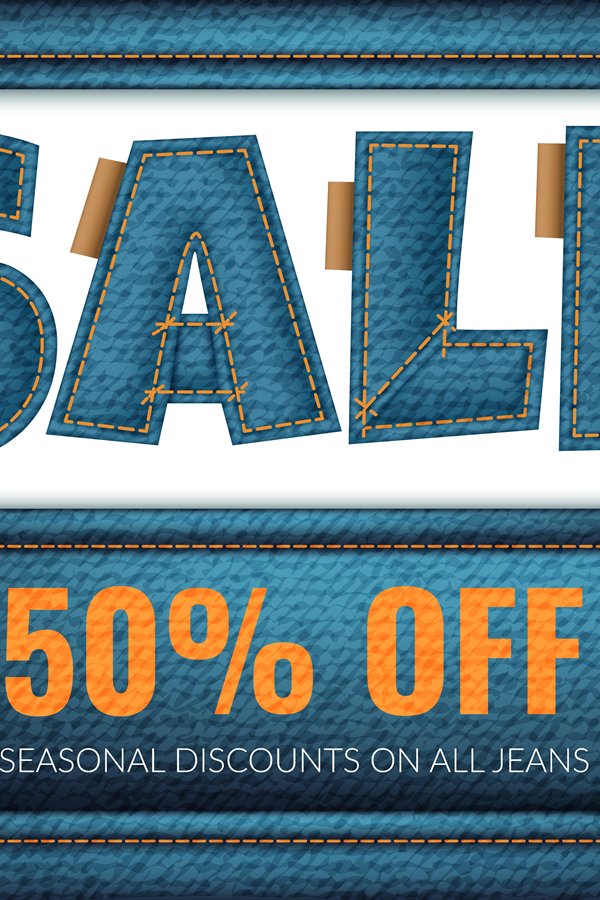 Denim sale. Promotional fashion blue jeans discount, fabric