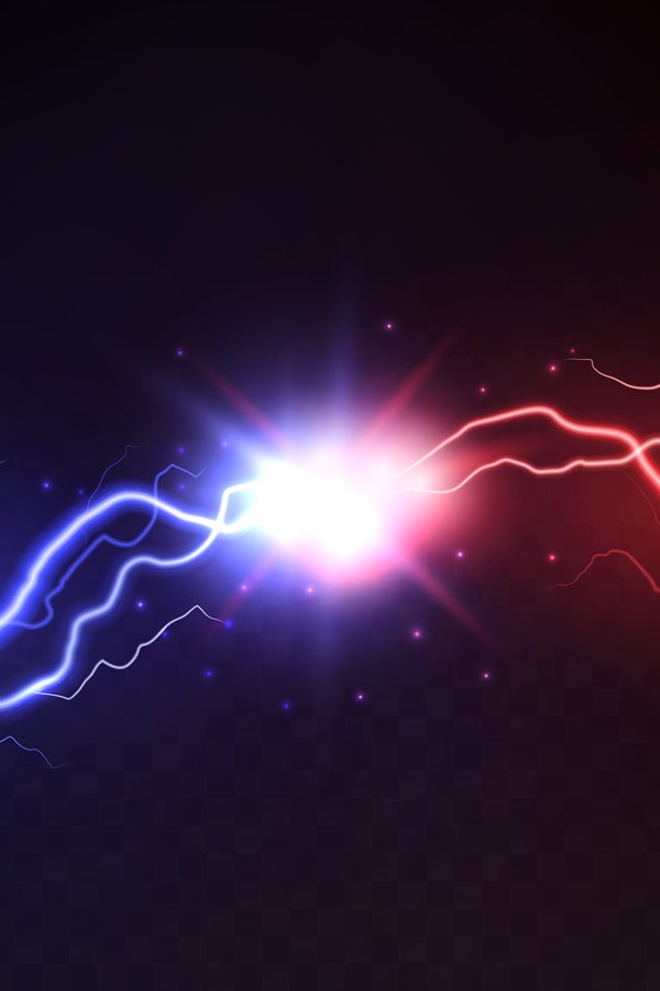 Lightning collision. Powerful colored lightnings, electric f