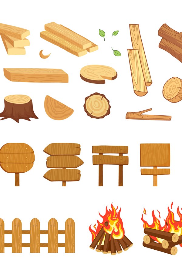 Old wood collection. Timber, logs pine tree elements. Isolat