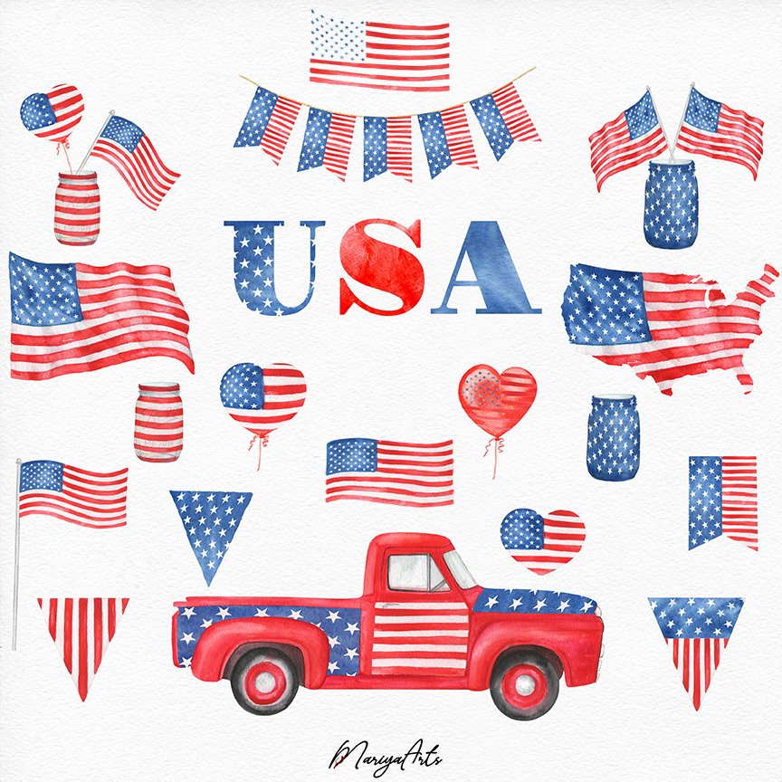 American Flag, 4th of July, Memorial Day, Watercolor Clipart