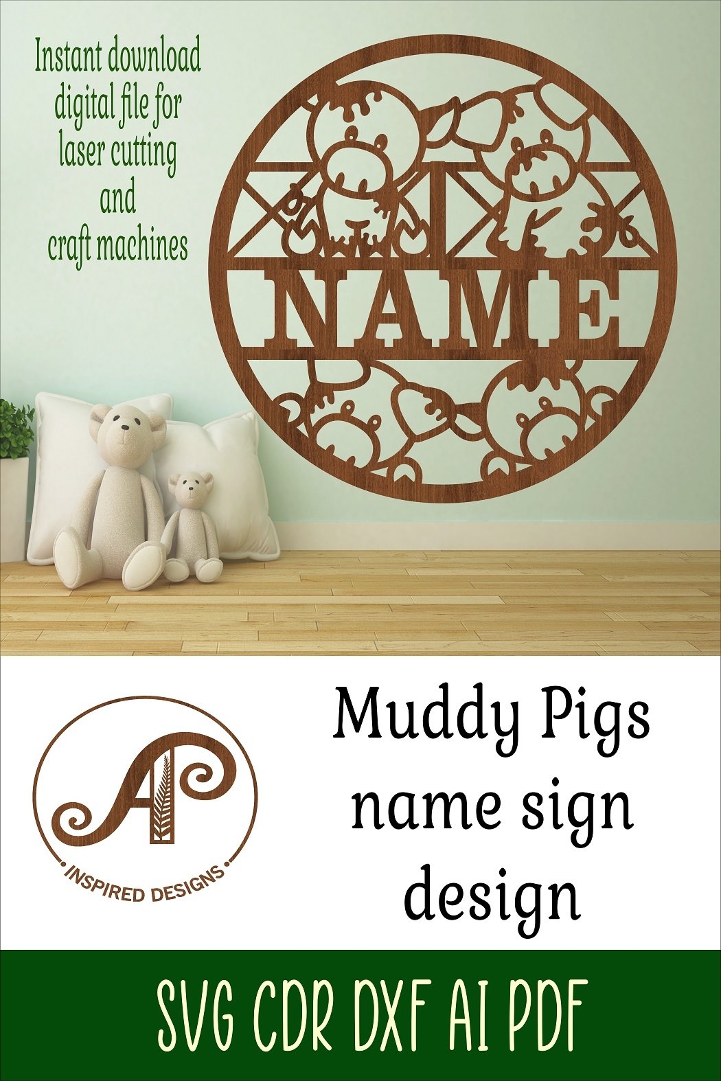 Muddy pigs name sign svg laser cut template