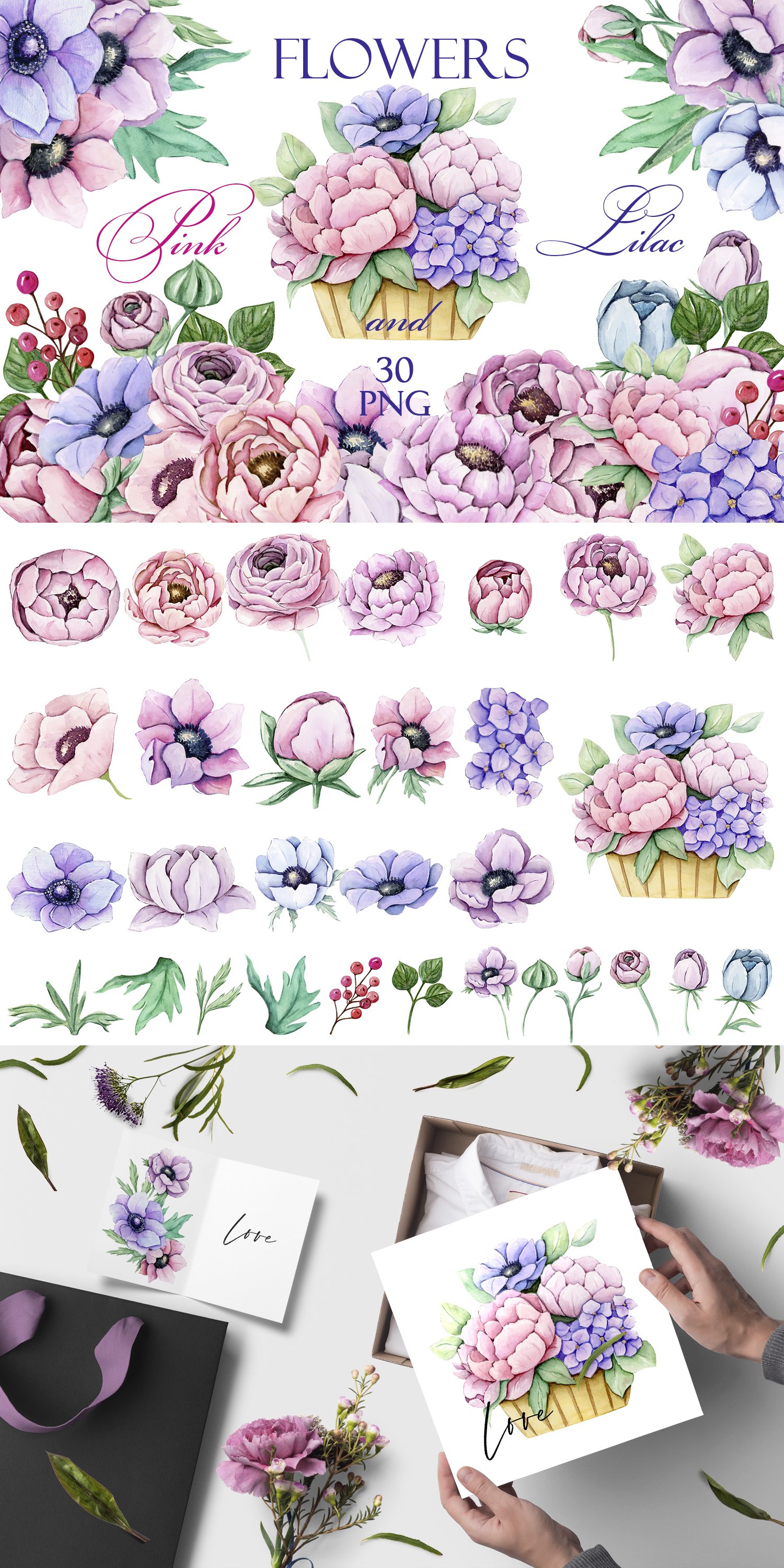 Pink and Blue Flowers PNG, Bouquets of Watercolor clipart