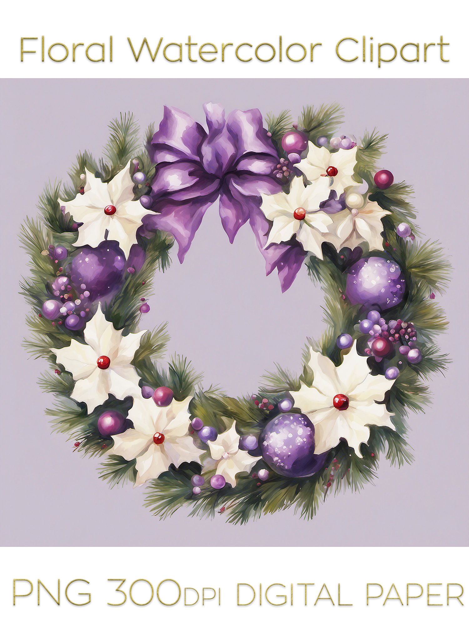Christmas wreath purple floral Watercolor Digital Clipart PN