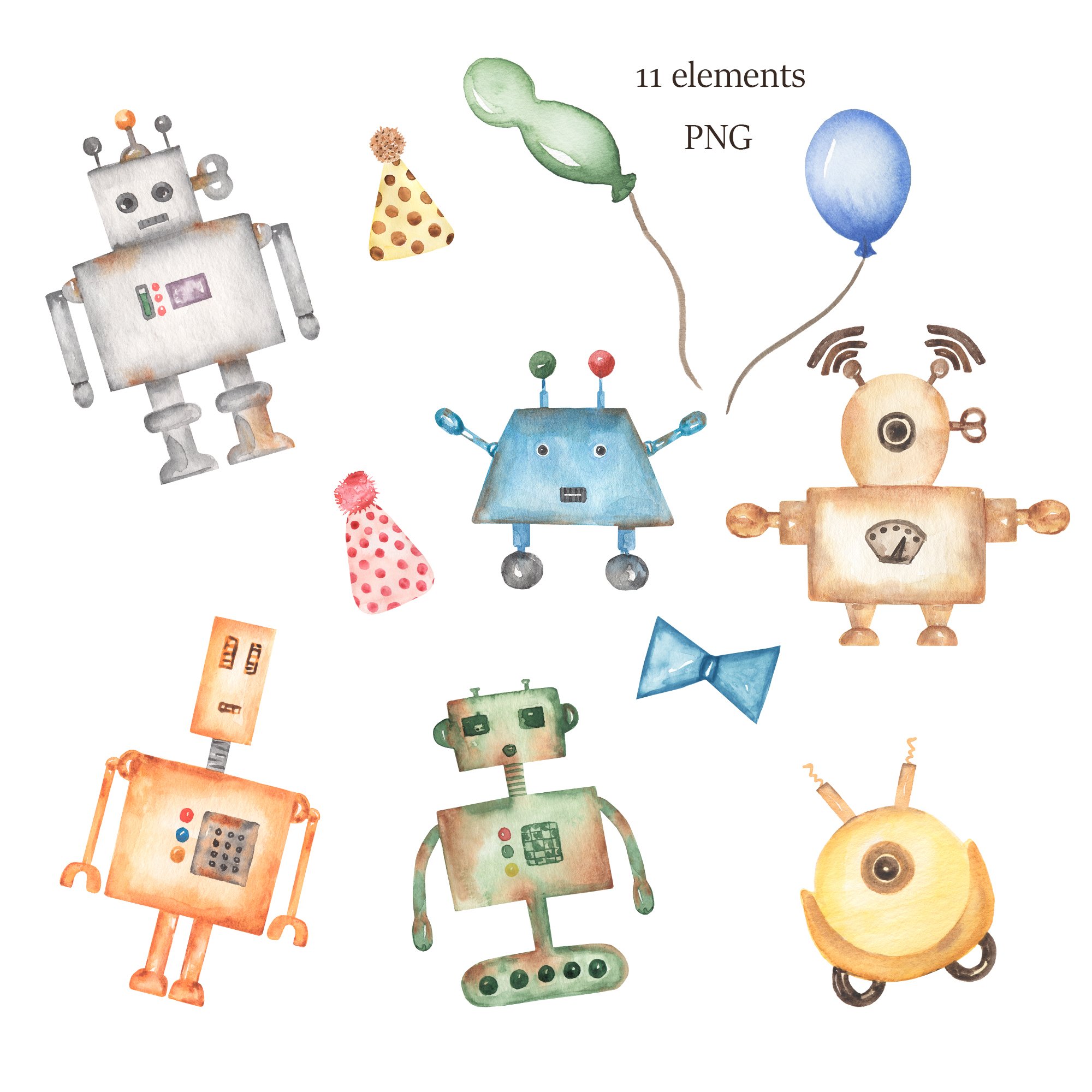 Watercolor Cute Robots Clipart set