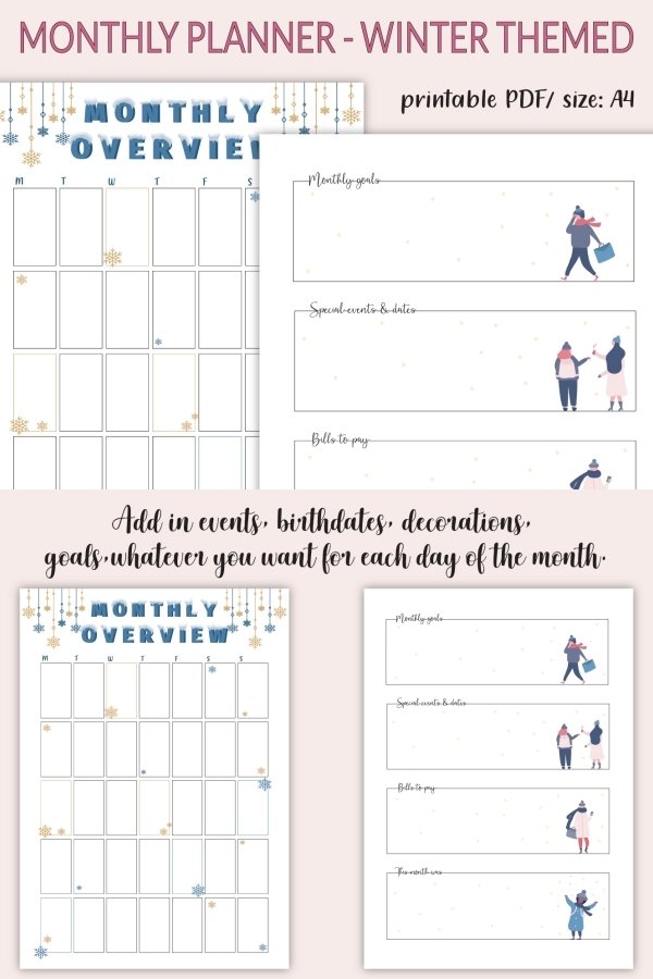 Monthly planner - Winter themed - printable monthly planner