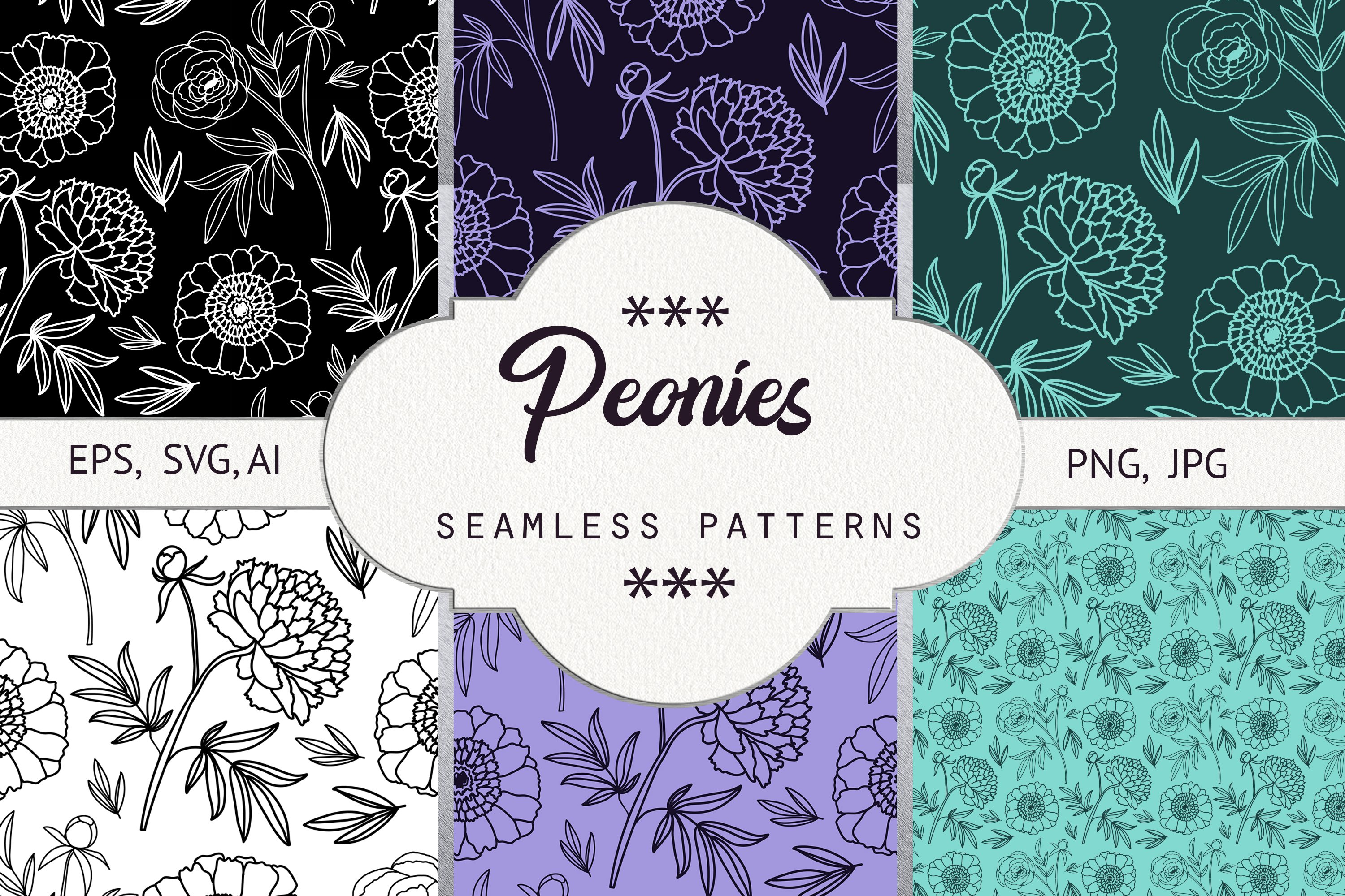 Peonies. Seamless patterns (667811)