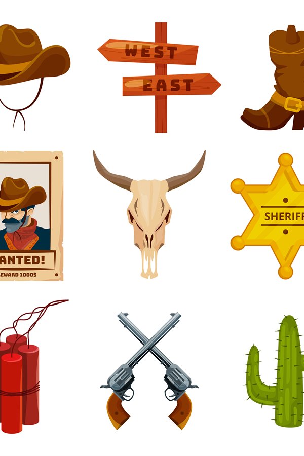 Wild west collection icons. Western illustrations at cartoon