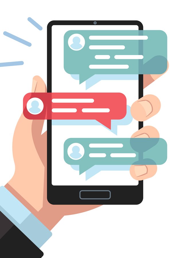 Mobile sms notifications. Hand with smartphone with online t