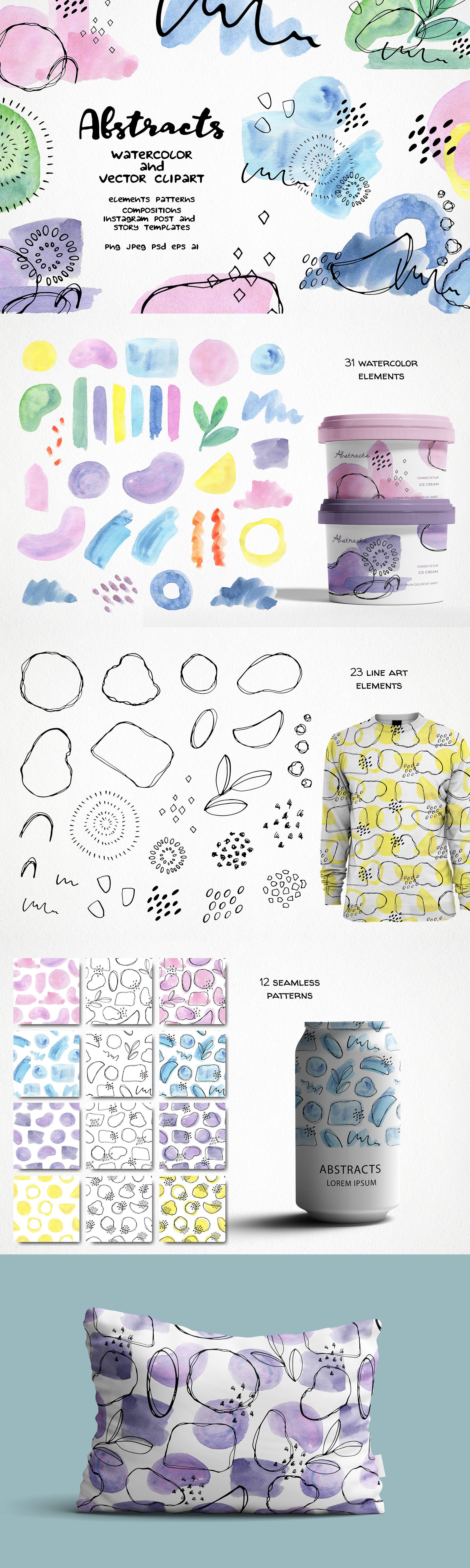 Abstract shapes clipart - watercolor & vector line art set