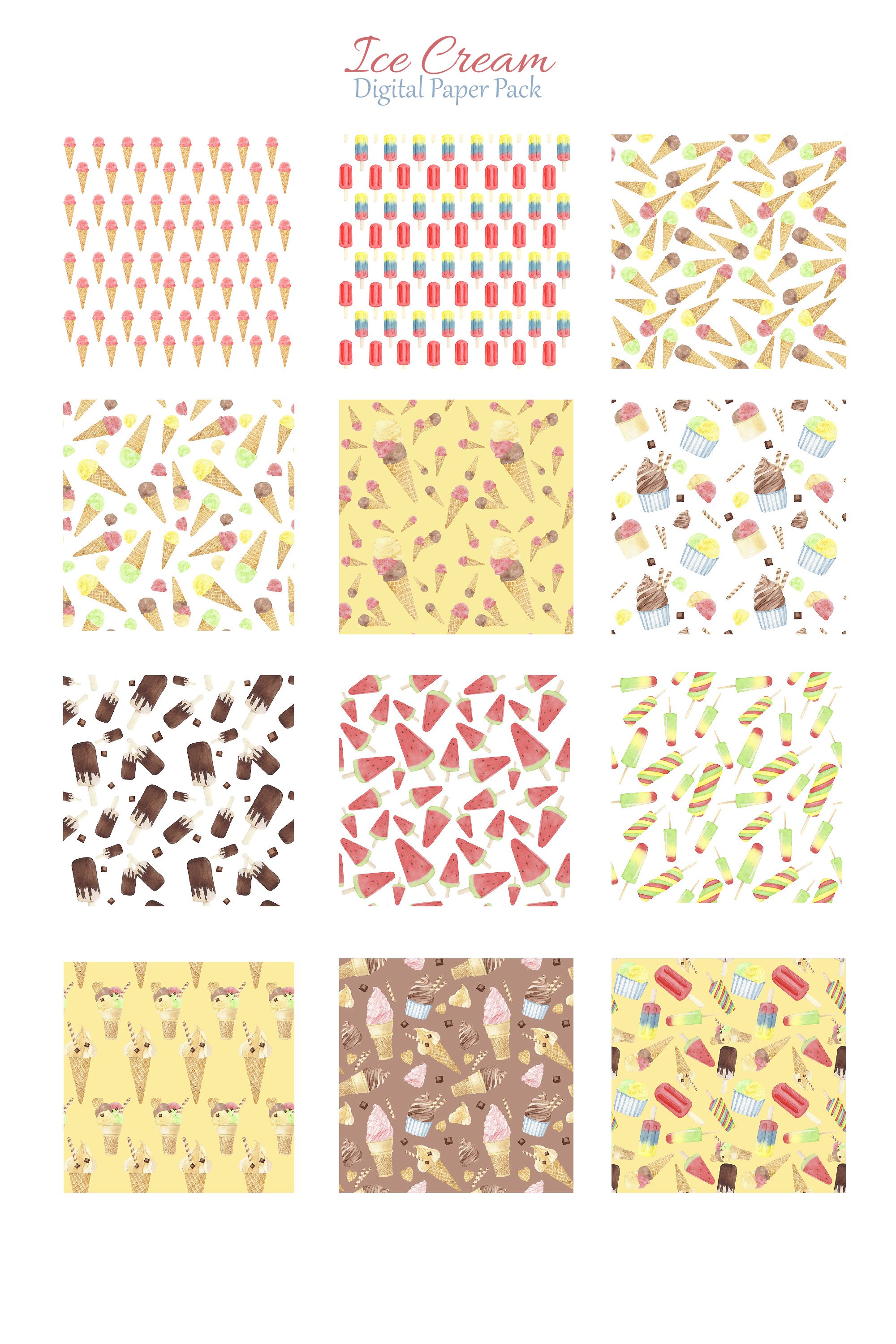 Watercolor Ice Cream Digital Paper (658321)
